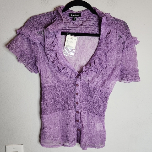 bebe | Tops | Nwt Bebe Purple Lace Ruffle Smocked Vneck Short Sleeve ...